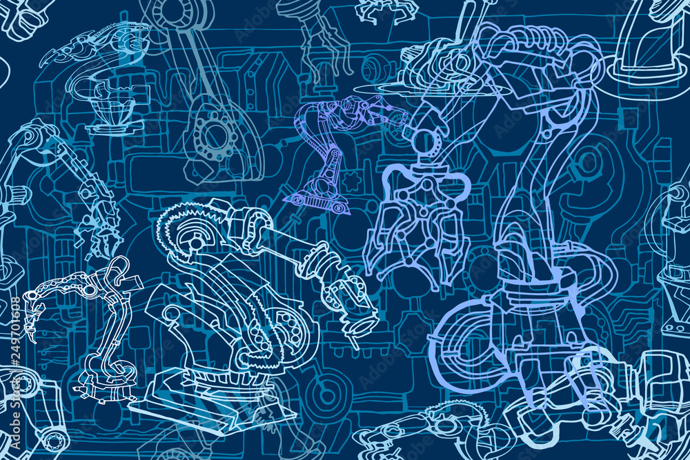 Vector seamless pattern. Industrial background with abstract robotic ...