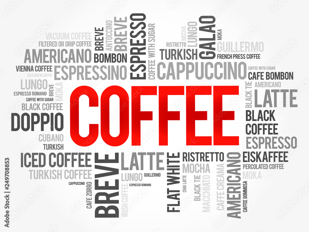 List of coffee drinks words cloud collage, poster background Stock ...