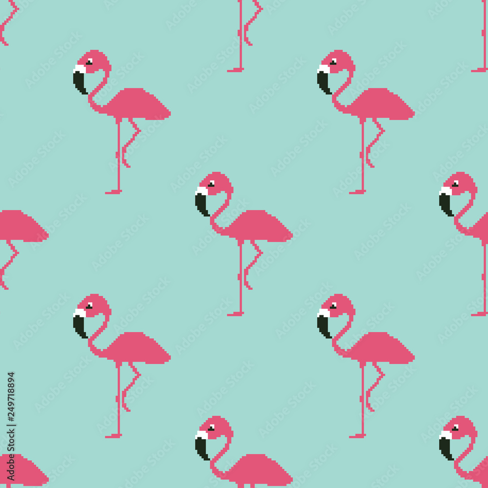 Seamless pattern of pink flamingo vector illustration. Pixel art. 8 bit ...