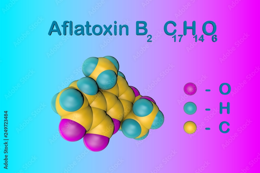 Molecular structure of aflatoxin B2. Atoms are represented as spheres ...