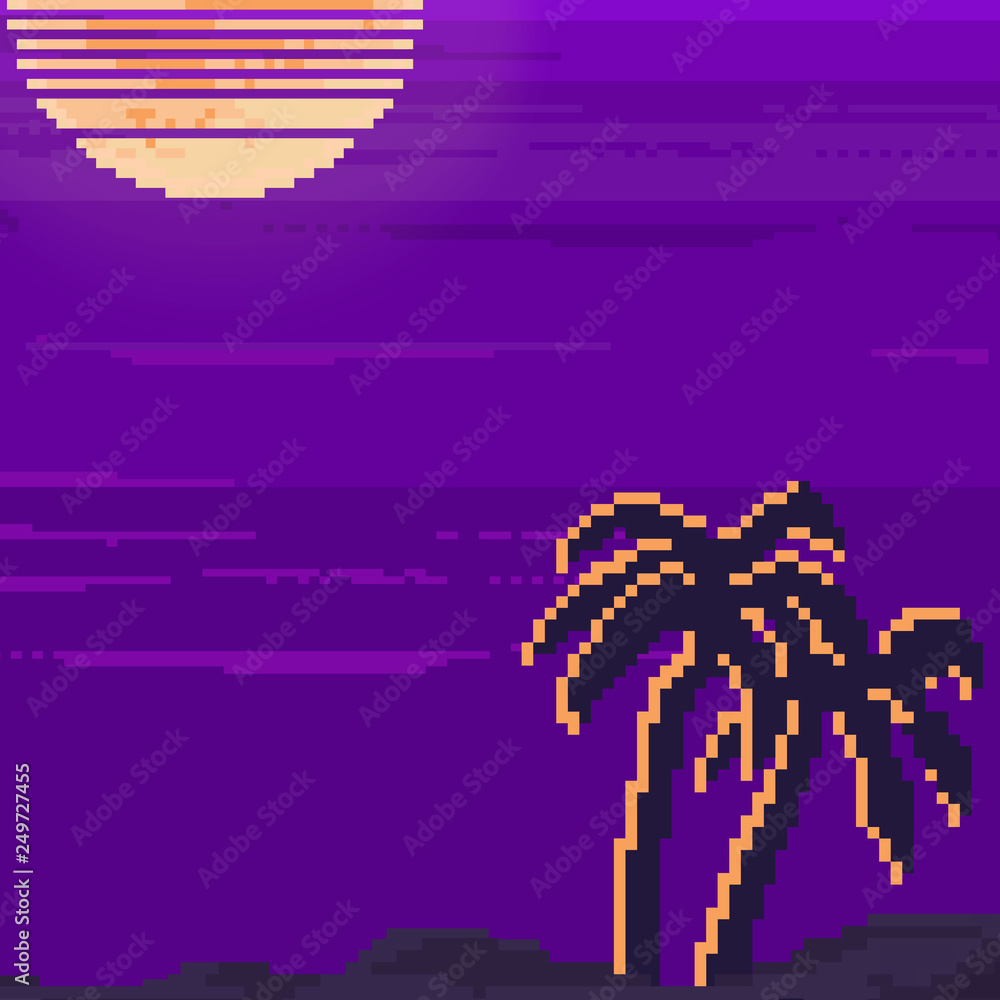 Pixel art of retro background futuristic landscape 1980s style. Palms ...