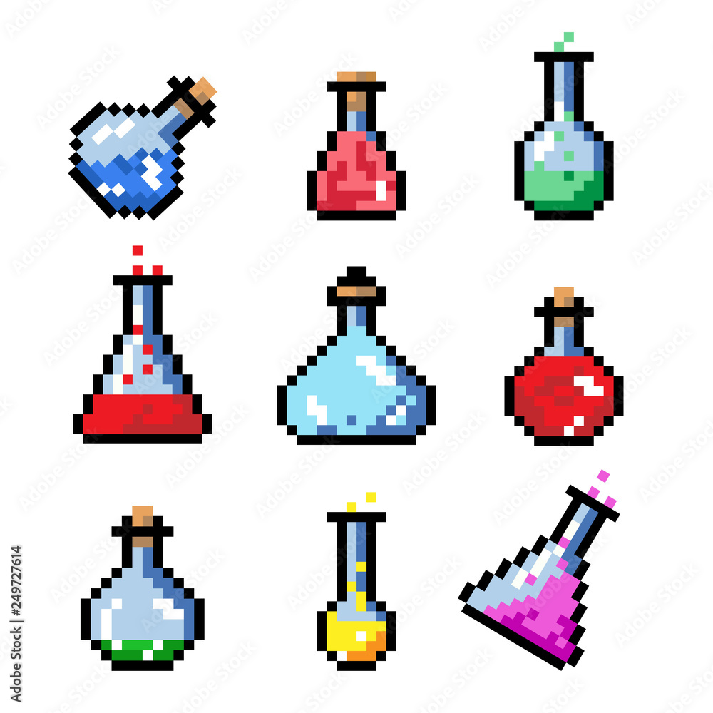 Set of potion bottles phial vial, pixel art style. Pixel bottle of ...