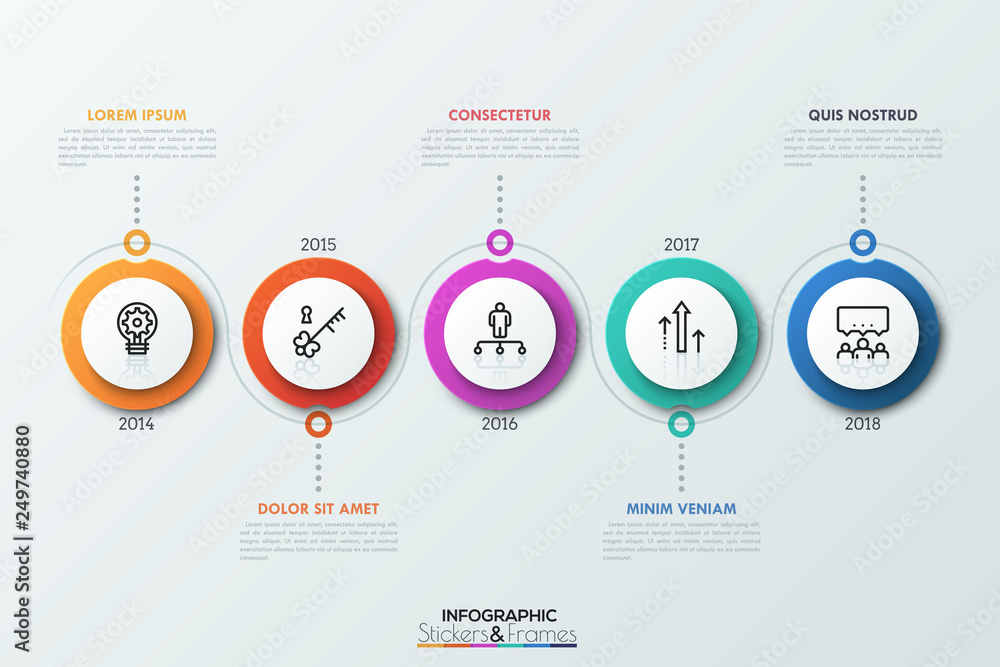 Horizontal timeline with 5 circular elements, pictograms inside, line ...