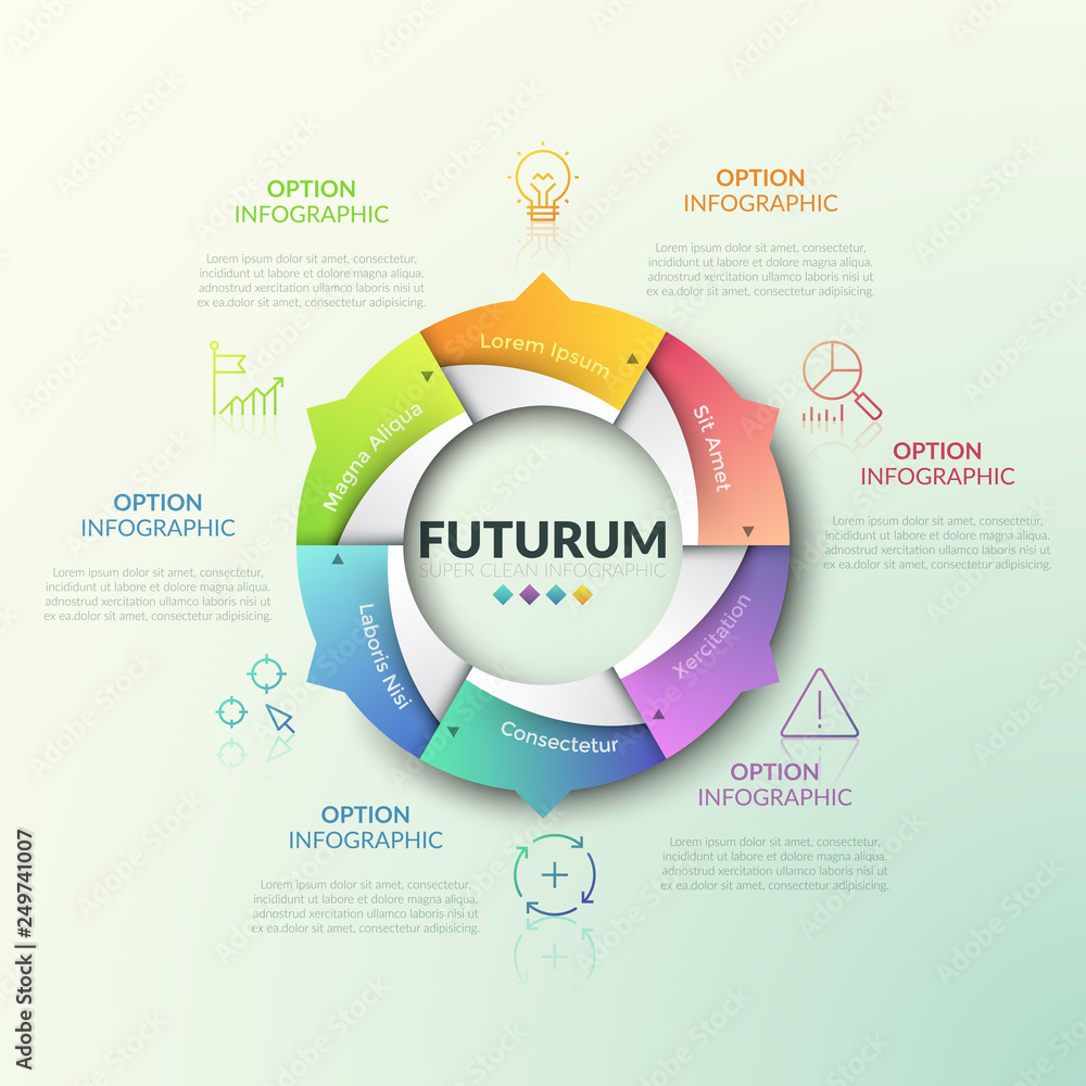 Round chart divided into 6 equal sectors with arrows pointing at thin ...