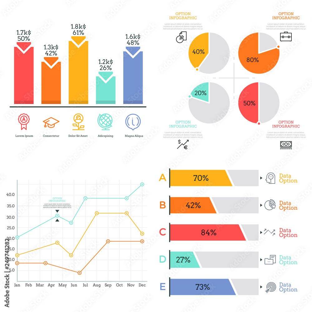 Collection of flat colorful diagram, bar and line graph, pie chart ...