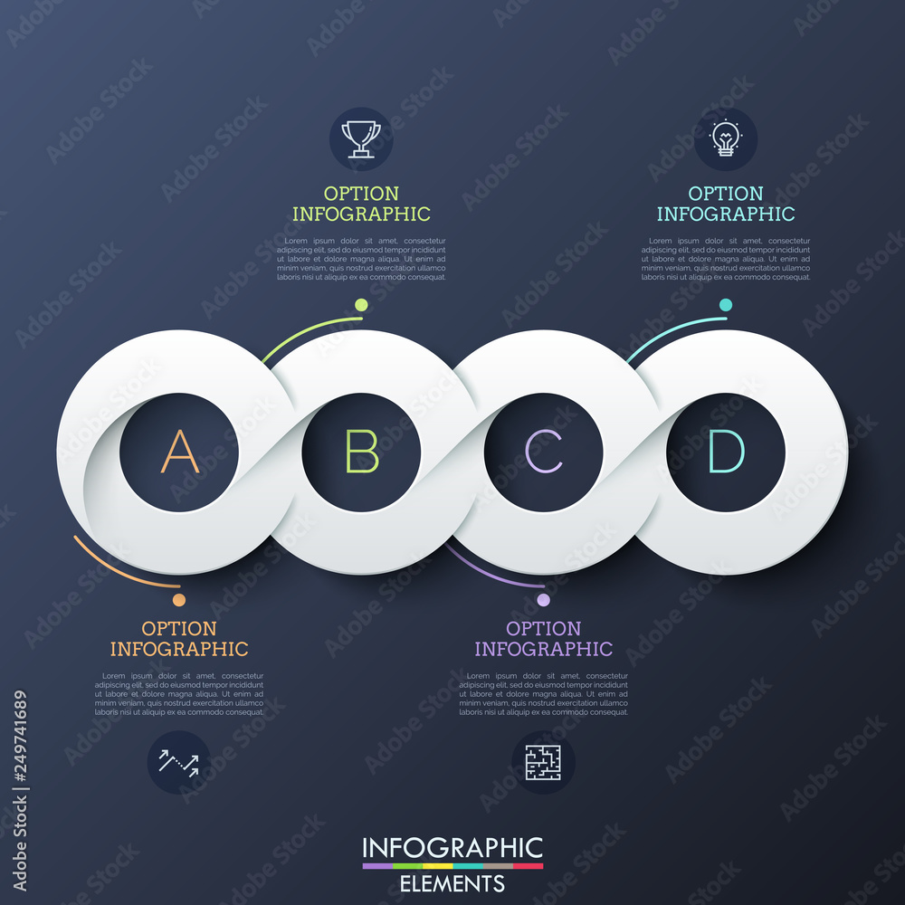 Four circular paper white elements successively connected into ...