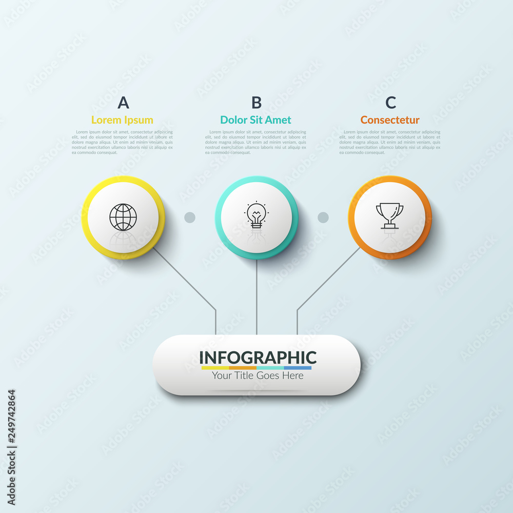 Flow chart. Main element connected by lines with 3 linear icons placed ...