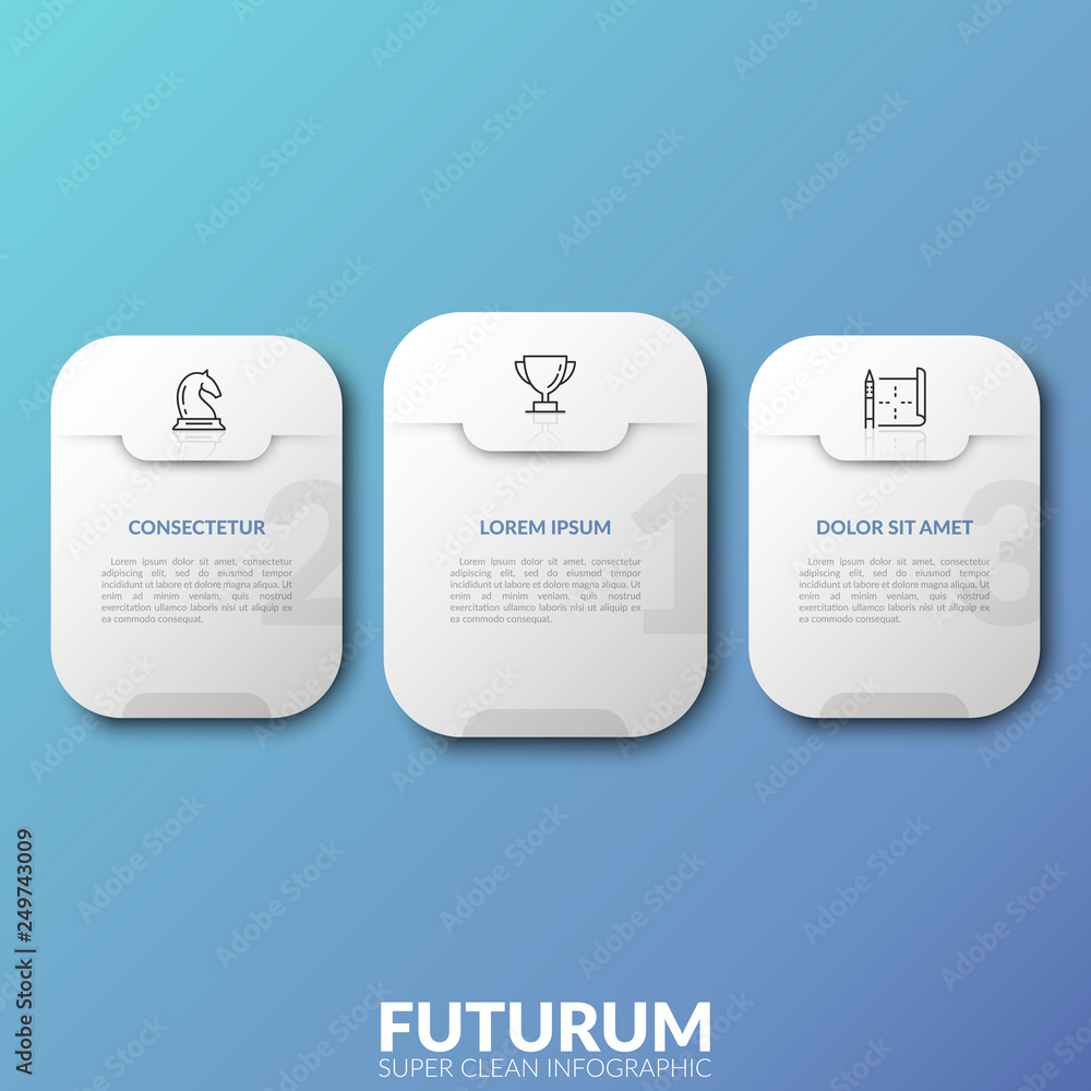 Three separate white rounded rectangles with numbers, thin line ...