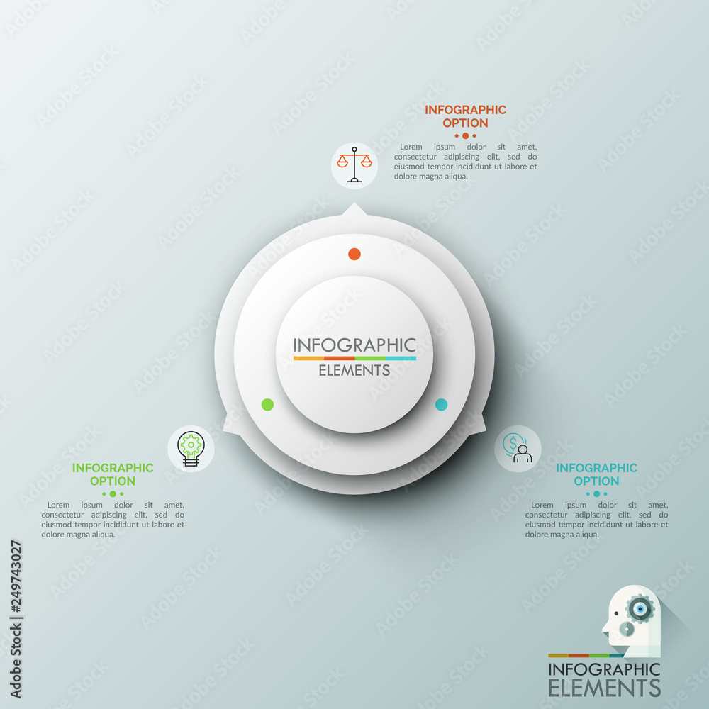 Realistic round pointer with 3 arrows pointing at thin line symbols and ...