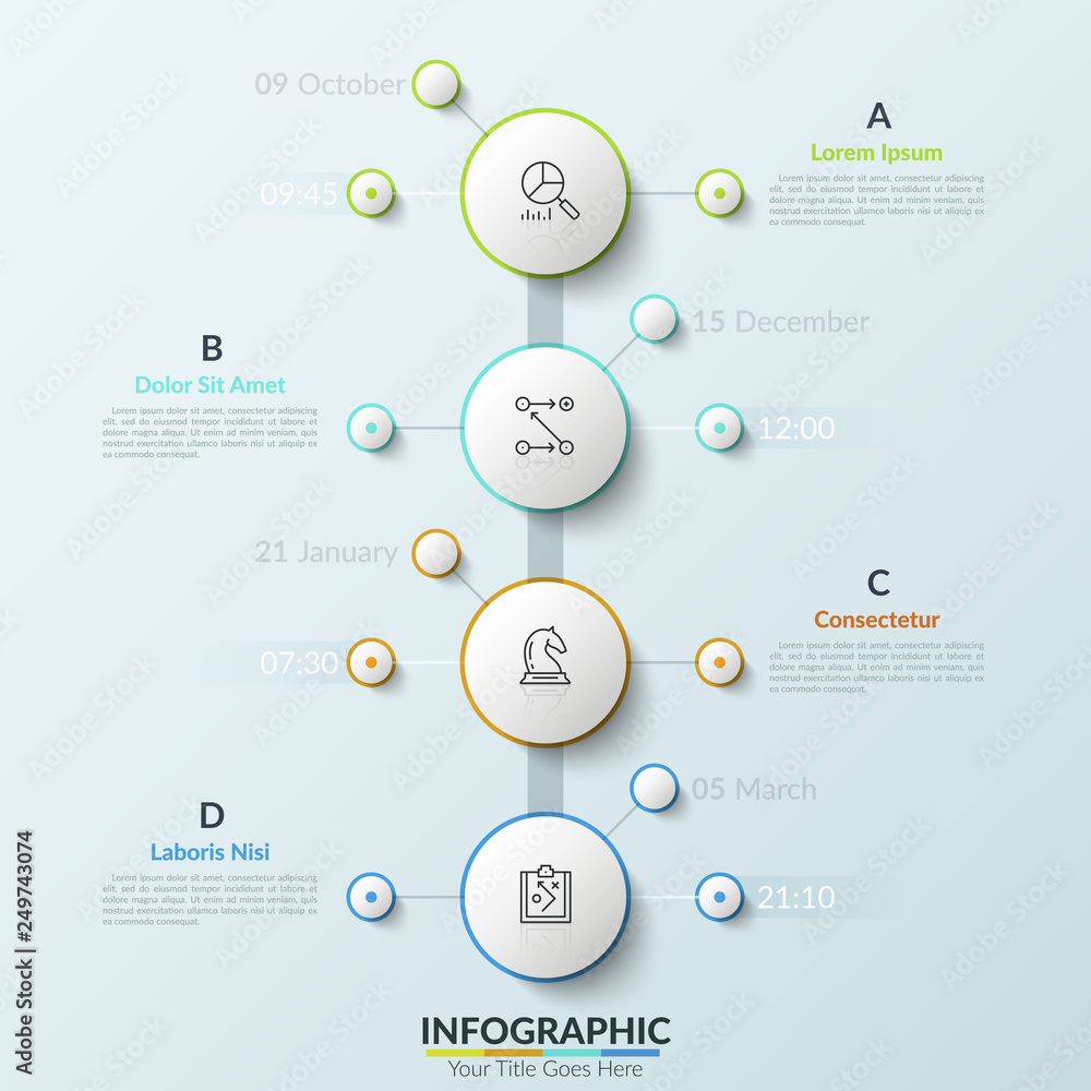 Vertical timeline with 4 white round elements, date and time indication ...