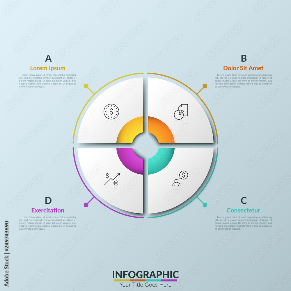 Paper white circular pie chart divided into 4 equal sectors with round ...