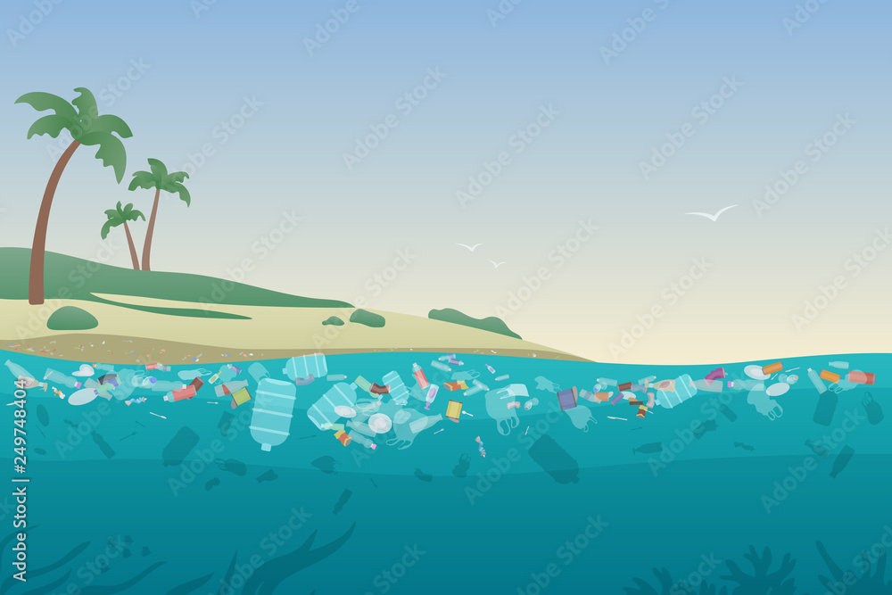 Sea garbage in polluted water. Dirty ocean beach with trash and plastic ...