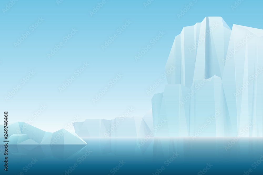 Realistic soft fog arctic iceberg ice mountains with blue sea, winter ...