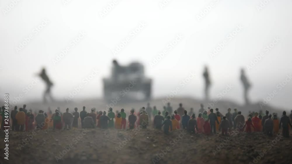 Captured by enemy concept. Military silhouettes and crowd on war fog ...
