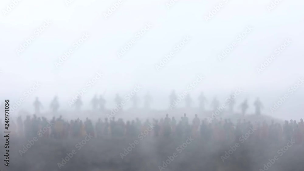 Captured by enemy concept. Military silhouettes and crowd on war fog ...