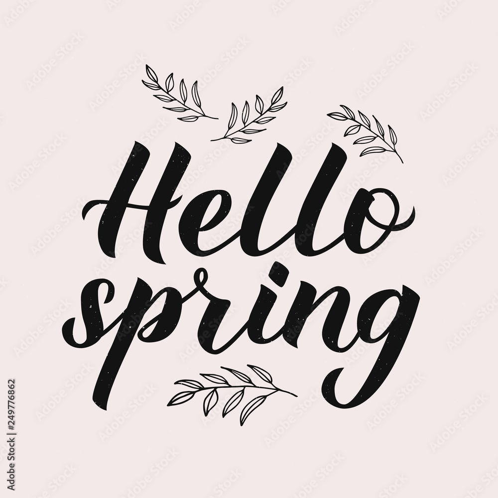 Hello spring calligraphy lettering with hand drawn floral elements ...