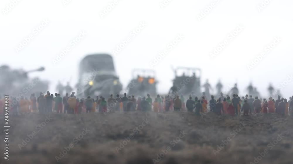 Captured by enemy concept. Military silhouettes and crowd on war fog ...
