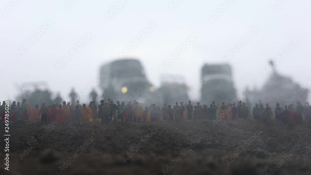 Captured by enemy concept. Military silhouettes and crowd on war fog ...
