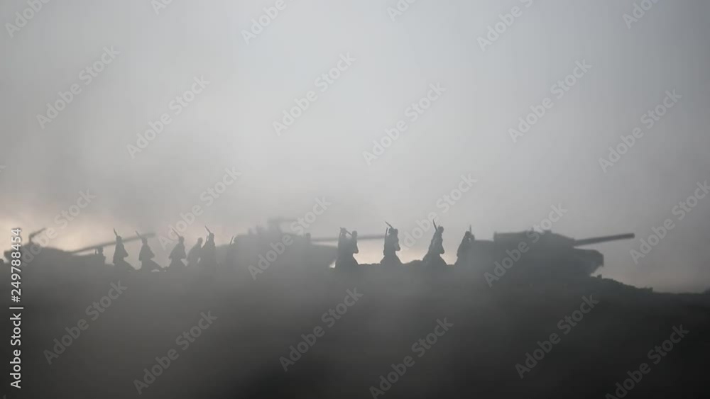 War Concept. Military silhouettes fighting scene on war fog sky ...