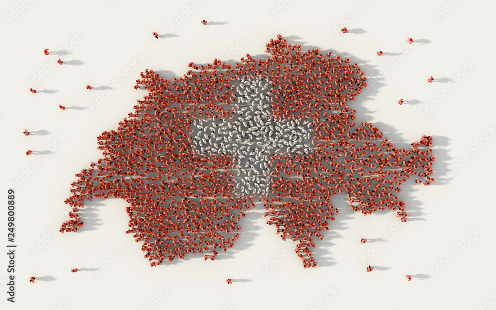 Large group of people forming Switzerland map and national flag in ...