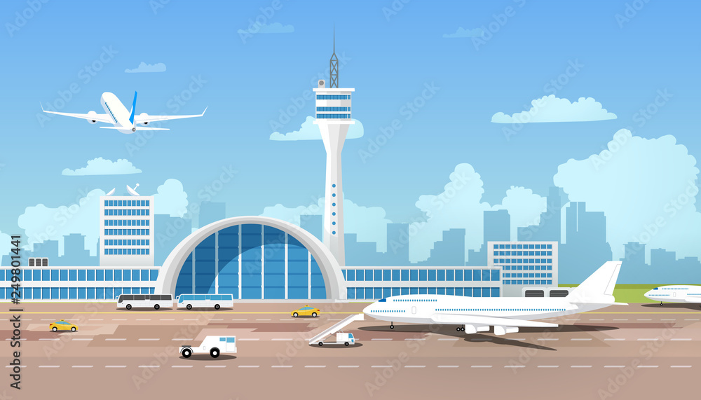 Modern Airport Terminal and Runaway Cartoon Vector Stock Vector | Adobe ...