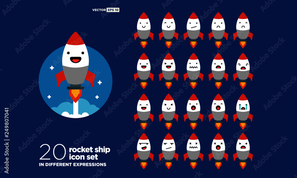 Set of Cute Rocket Space Ship Emoji Line Icons In Different Expressions ...