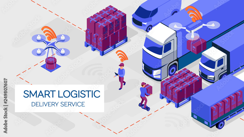 Smart logistics delivery services. Isometric flat digital illustration ...