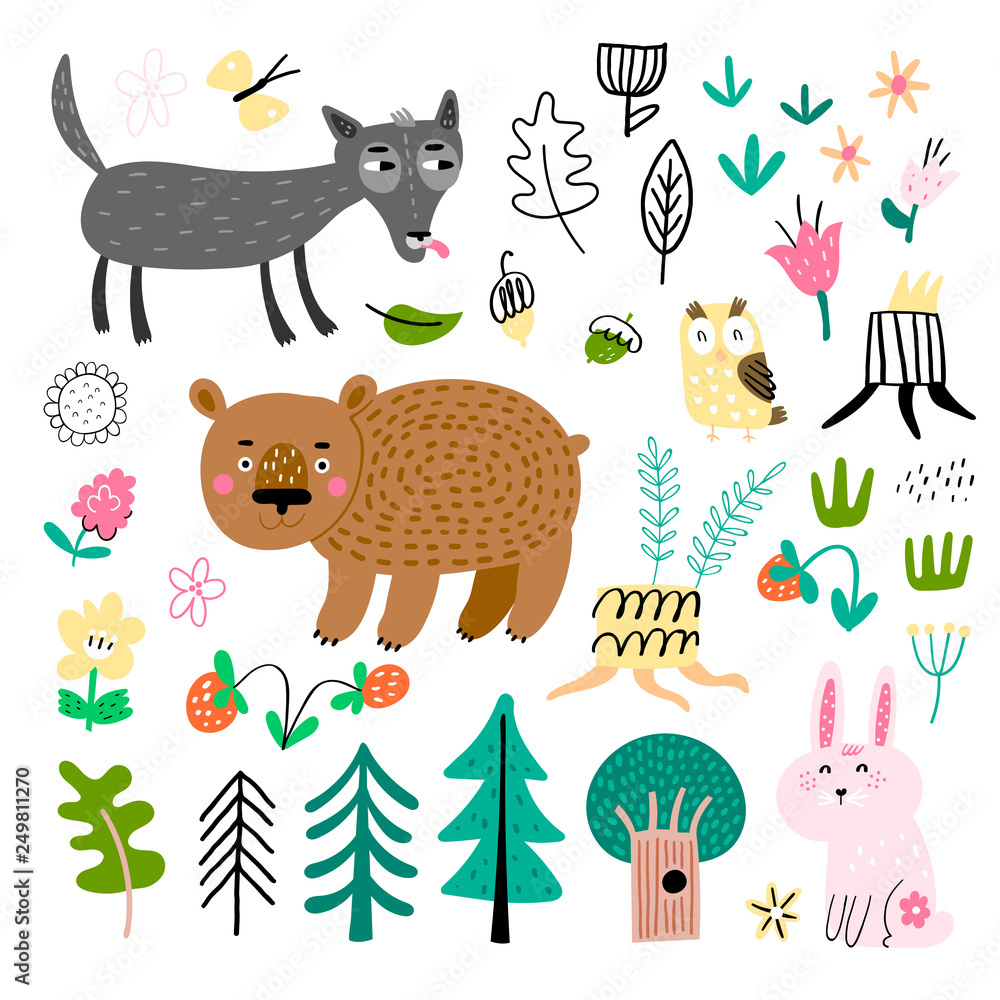 Vector set of children's drawings - forest animals and plants. Doodle ...