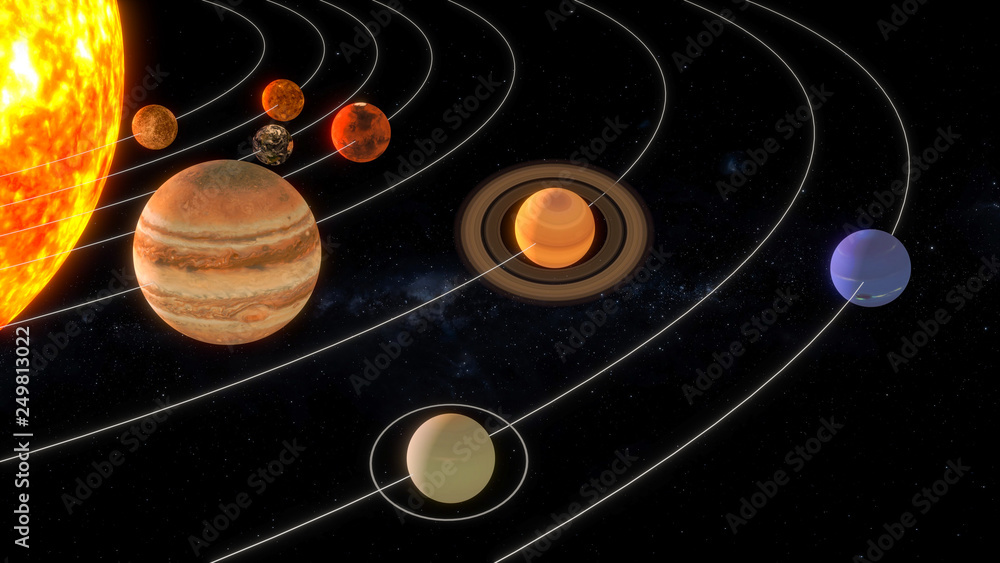 Solar system with orbit rings. 3D rendering, elements of this image ...