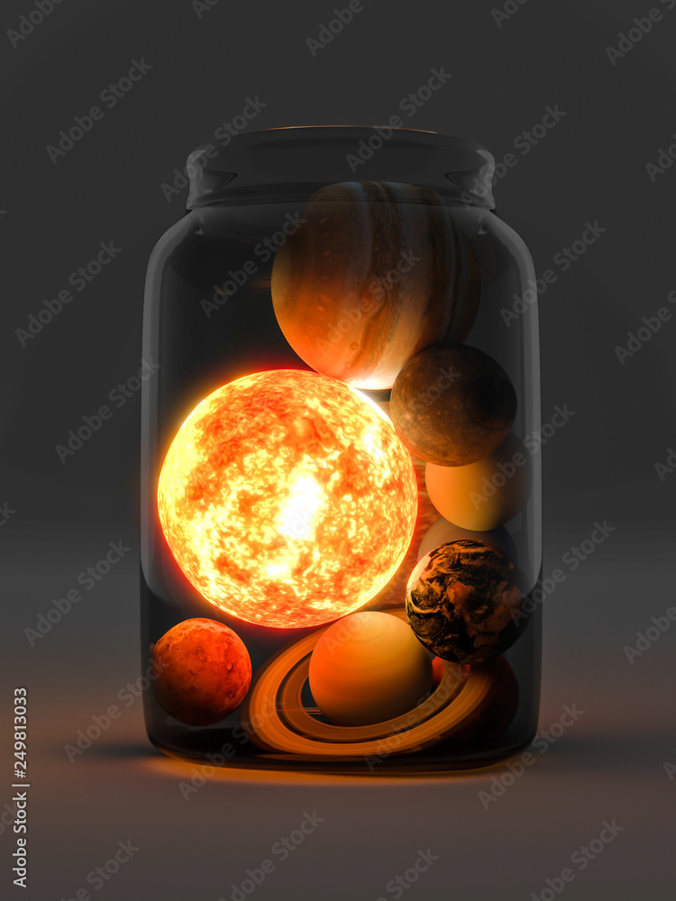 Planets of the solar system in a glass jar. 3D rendering, elements of ...
