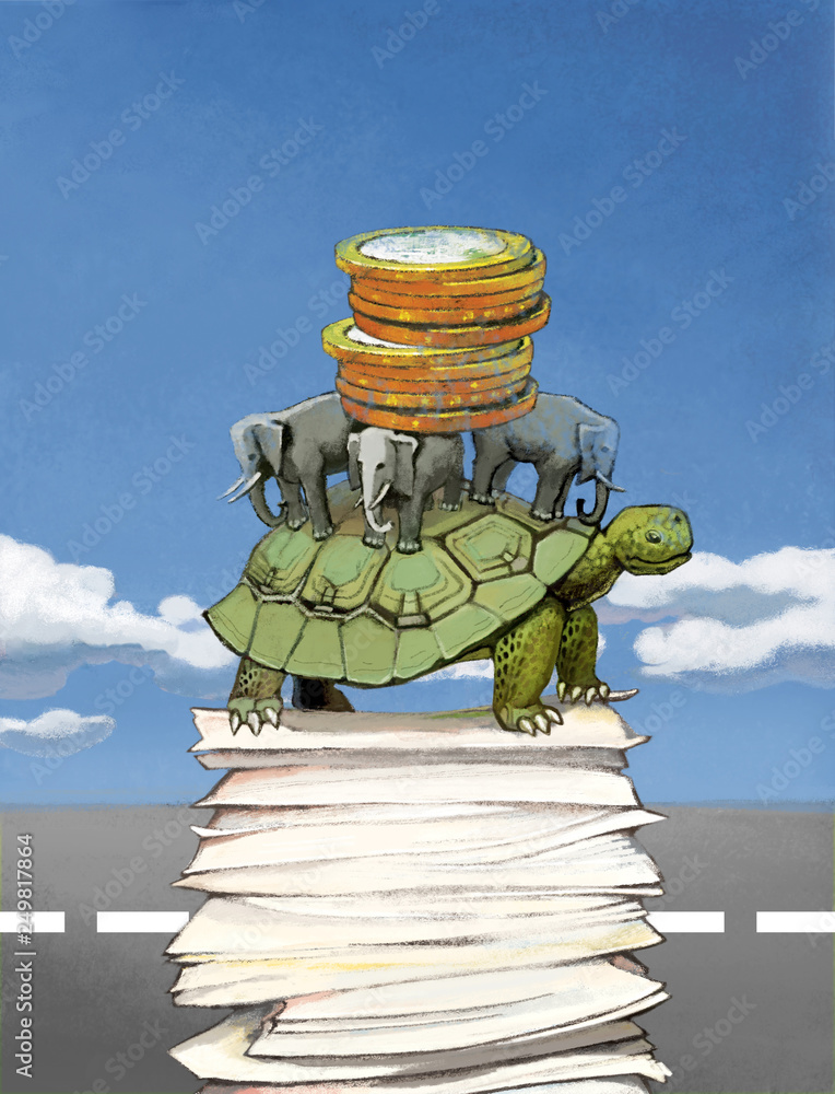 Money coins lie in a heap on elephants and a big turtle. Turtle is on a ...