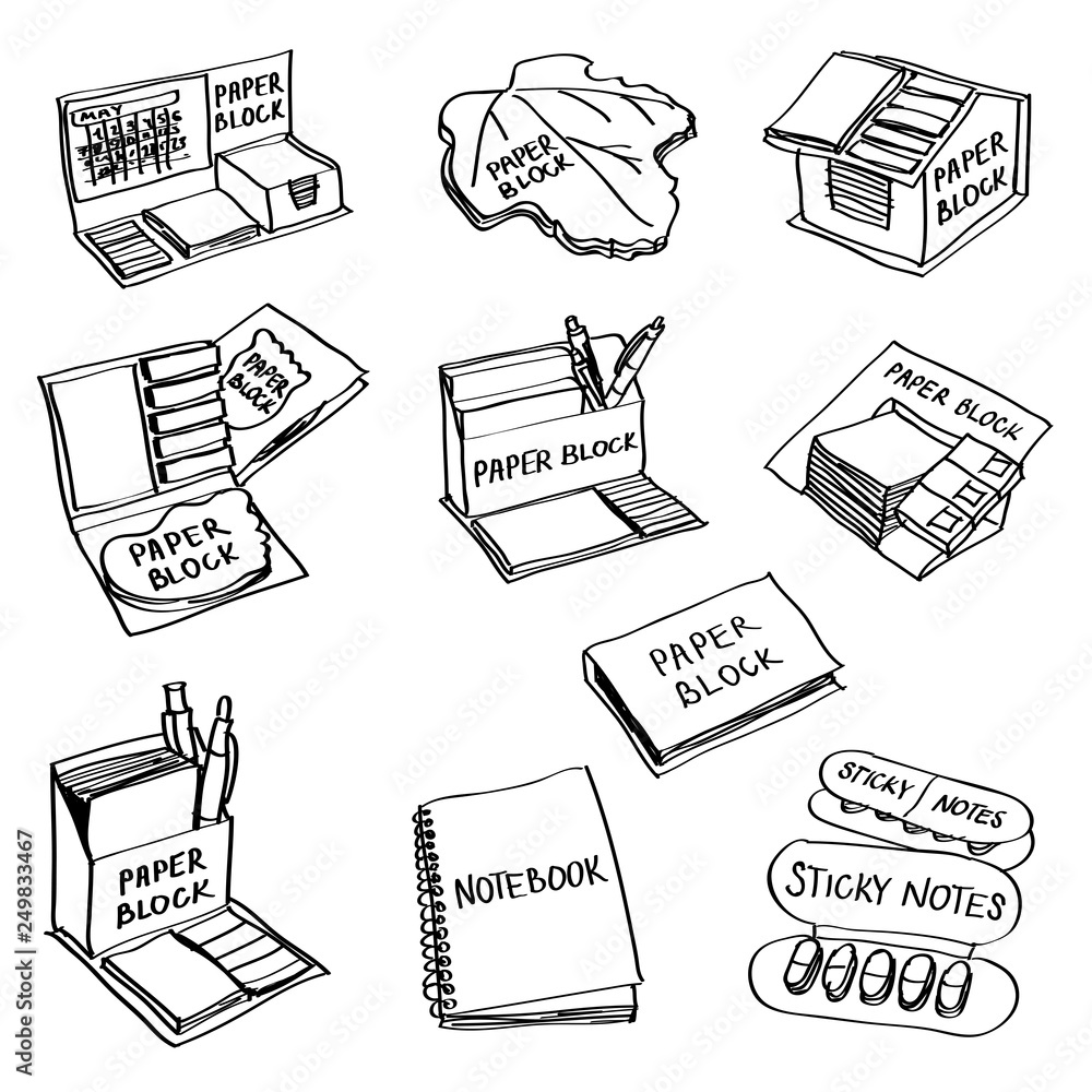 Set of hand drawn paper products doodles isolated on a white background ...