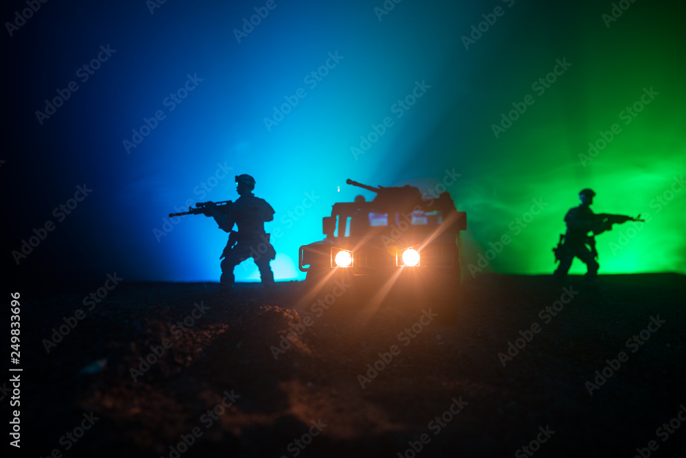 War Concept. Military silhouettes fighting scene on war fog sky ...