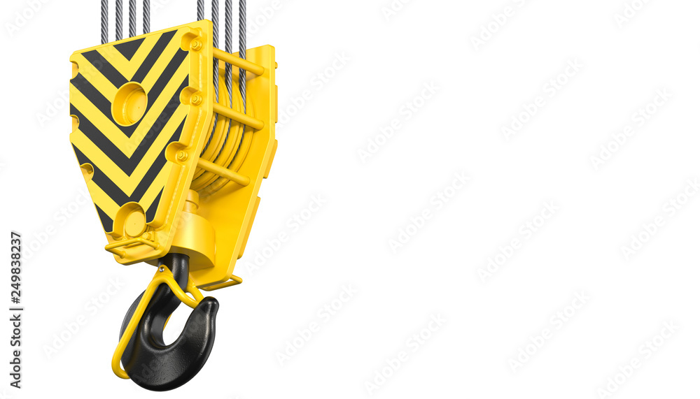 Big black and yellow construction towe crane hook block hanging on ...