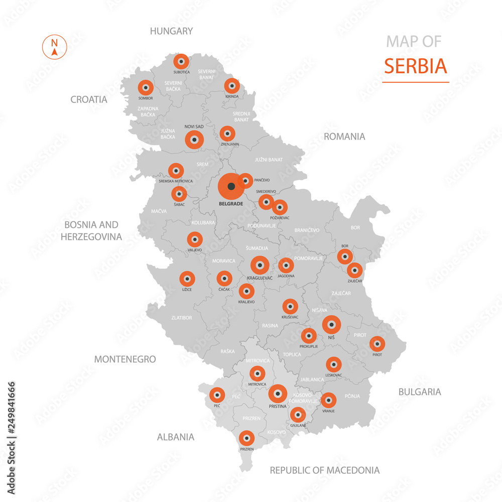Stylized vector Serbia map showing big cities, capital Belgrade ...