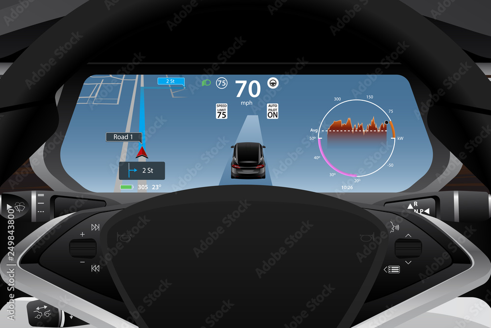 Self driving electric car dashboard display closeup. Vector ...