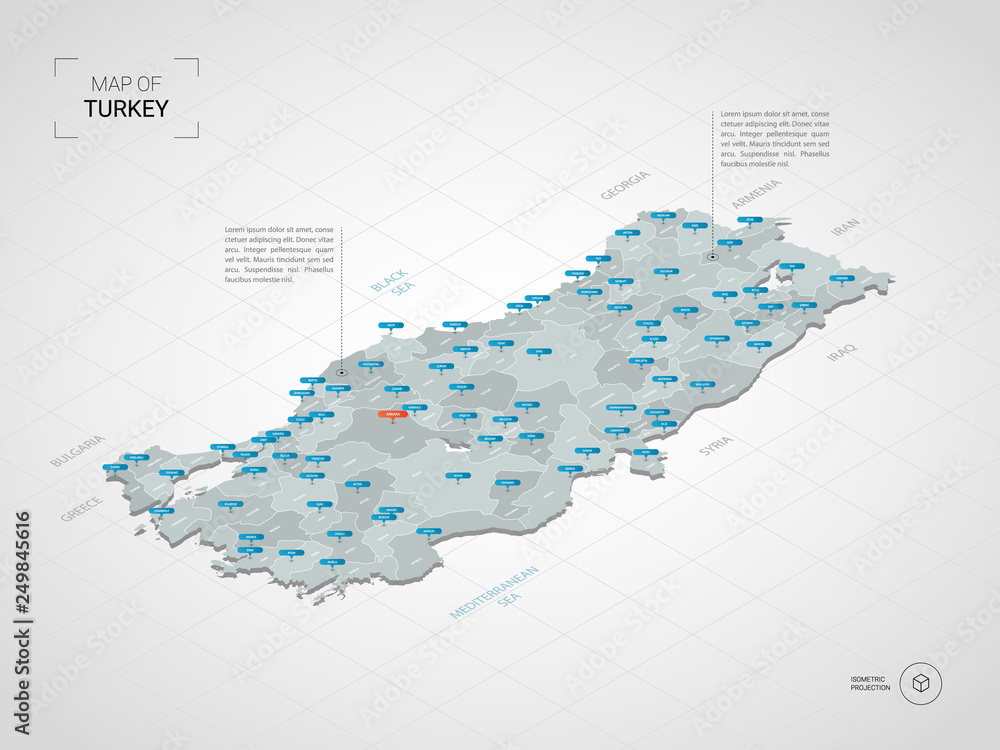 Isometric 3D Turkey map. Stylized vector map illustration with cities ...