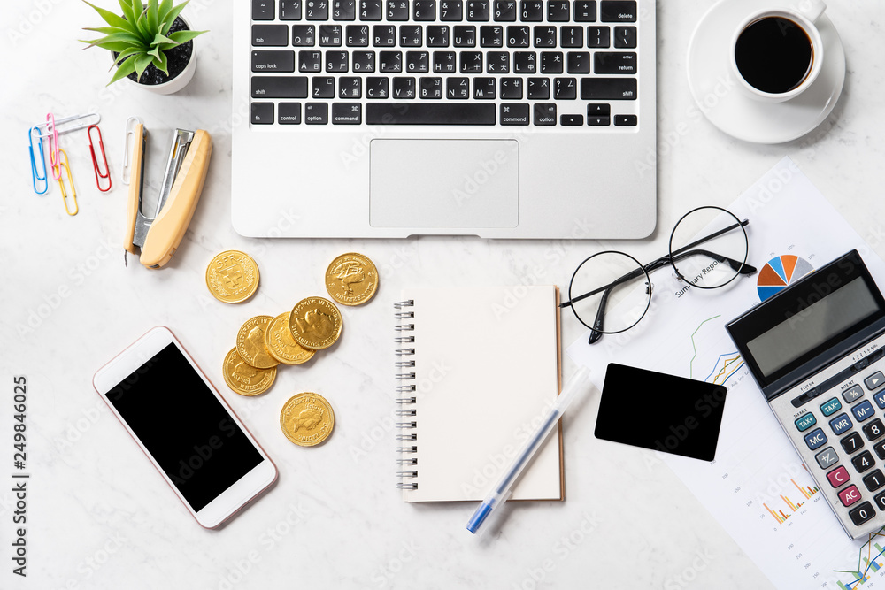 Business, accounting and payment concept with financial report data on ...