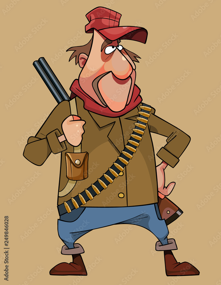 cartoon male hunter with a double barreled rifle and cartridge Stock ...
