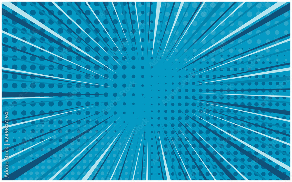Bright blue striped retro comic background with dotted halftone corners ...