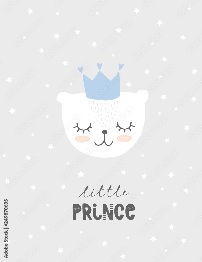 Lovely Little Prince Vector Illustration. Cute White Baby Bear Wearing ...