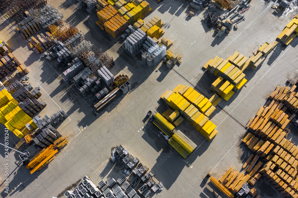 Aerial view of storage place. Construction materials in industrial city ...