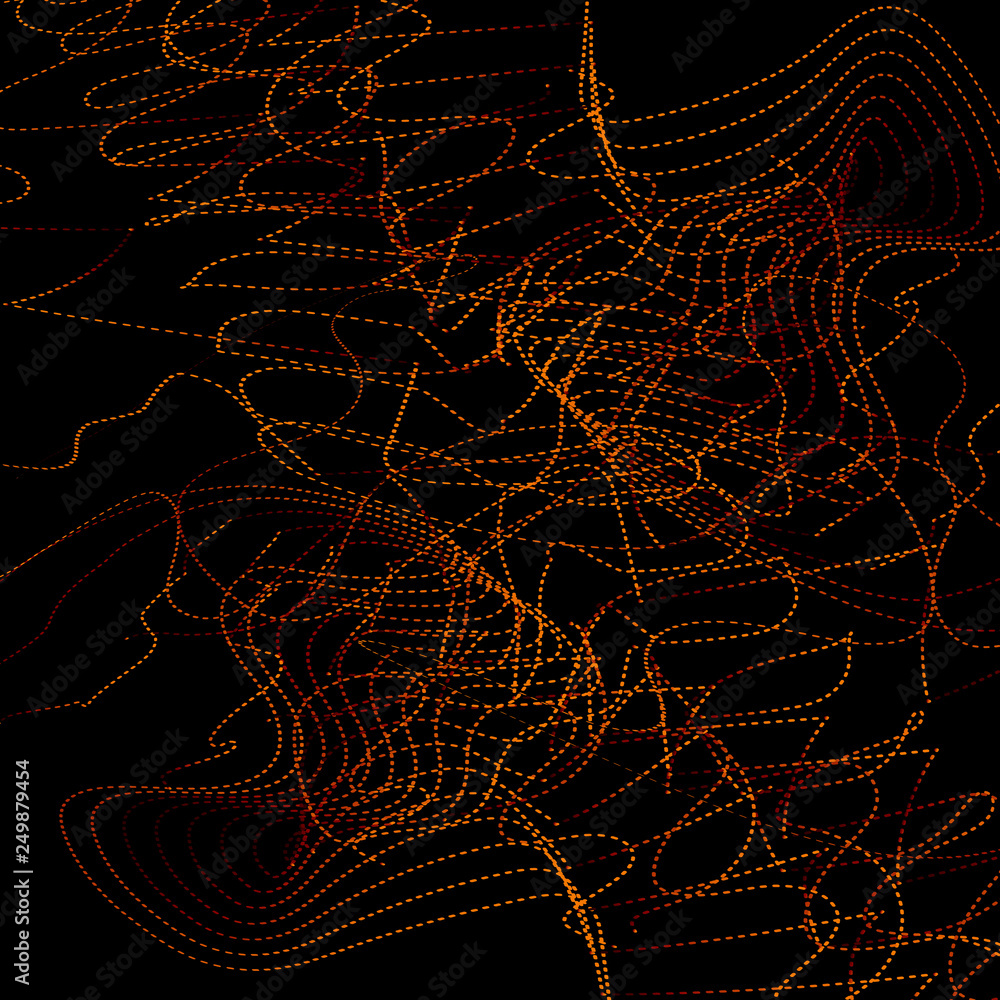 Vector abstract particle wave, points array on a black background. Flame dots design. Chaotic ...