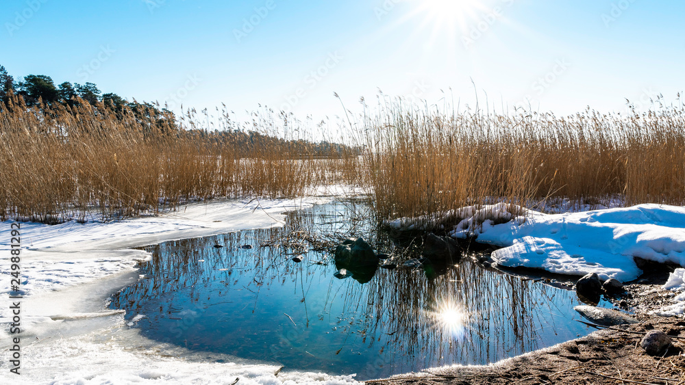 Shore line in the early spring weather with floating ice. Ruissalo ...