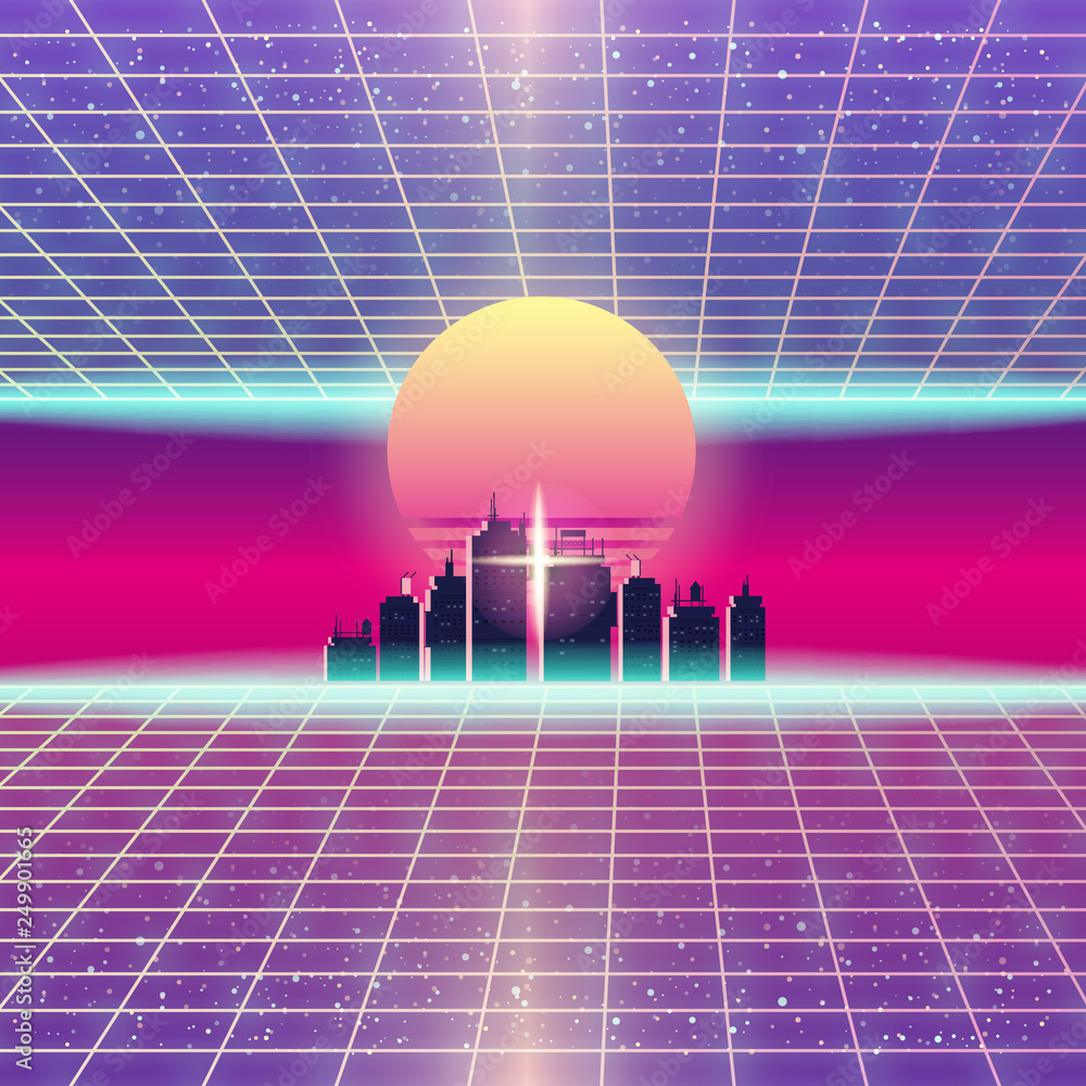 Synthwave Retro Futuristic Landscape With City, Sun, Stars And Styled ...