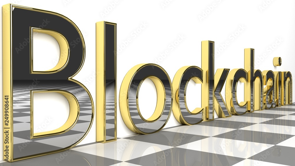 Blockchain sign in gold and glossy letters on a white background and a ...