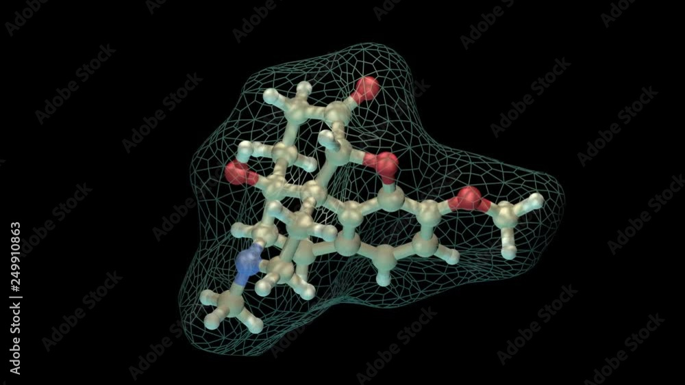 Oxycodone molecule 3d rendering . Ball and stick representation with ...