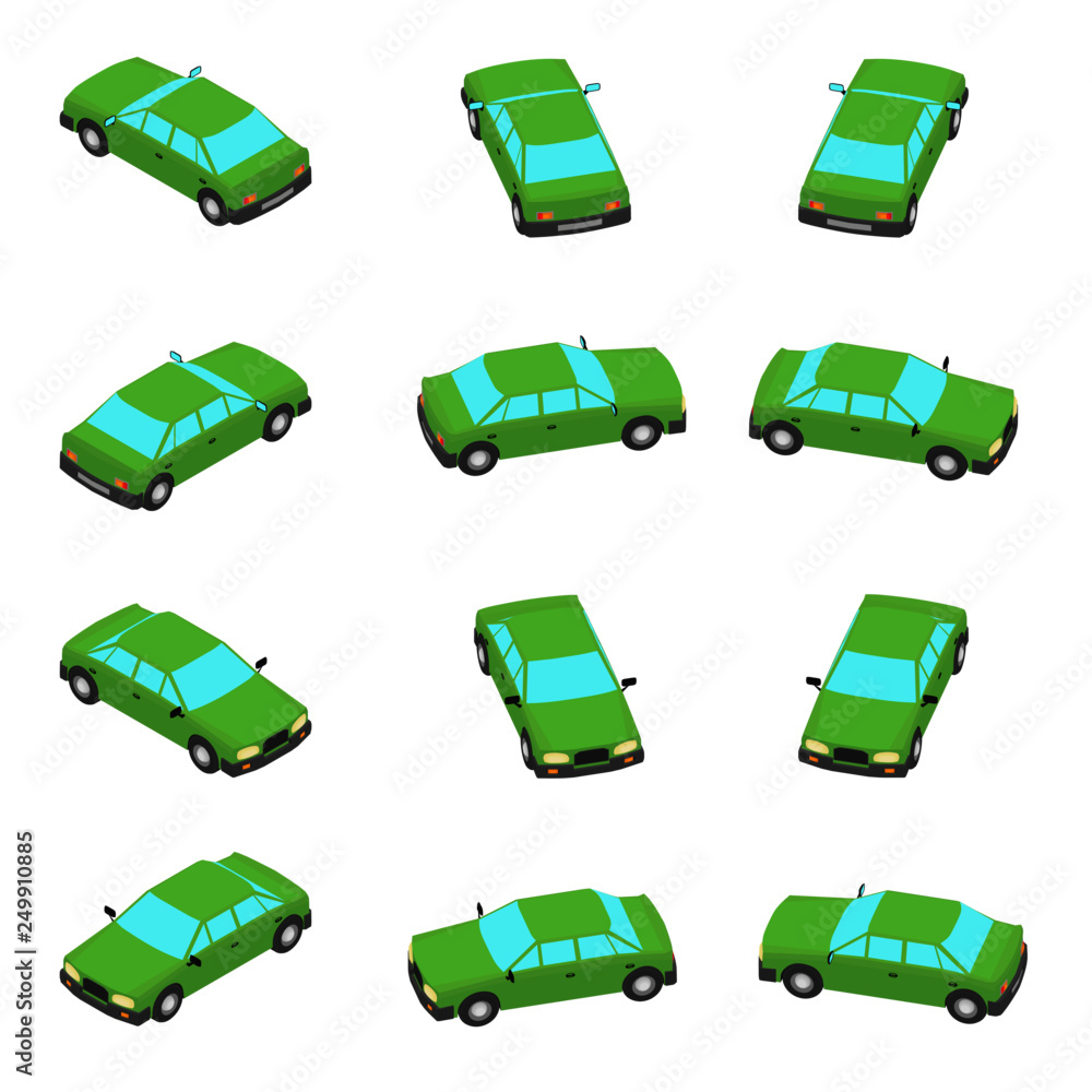 Animation of the rotation of the car in isometric view. Green car with ...
