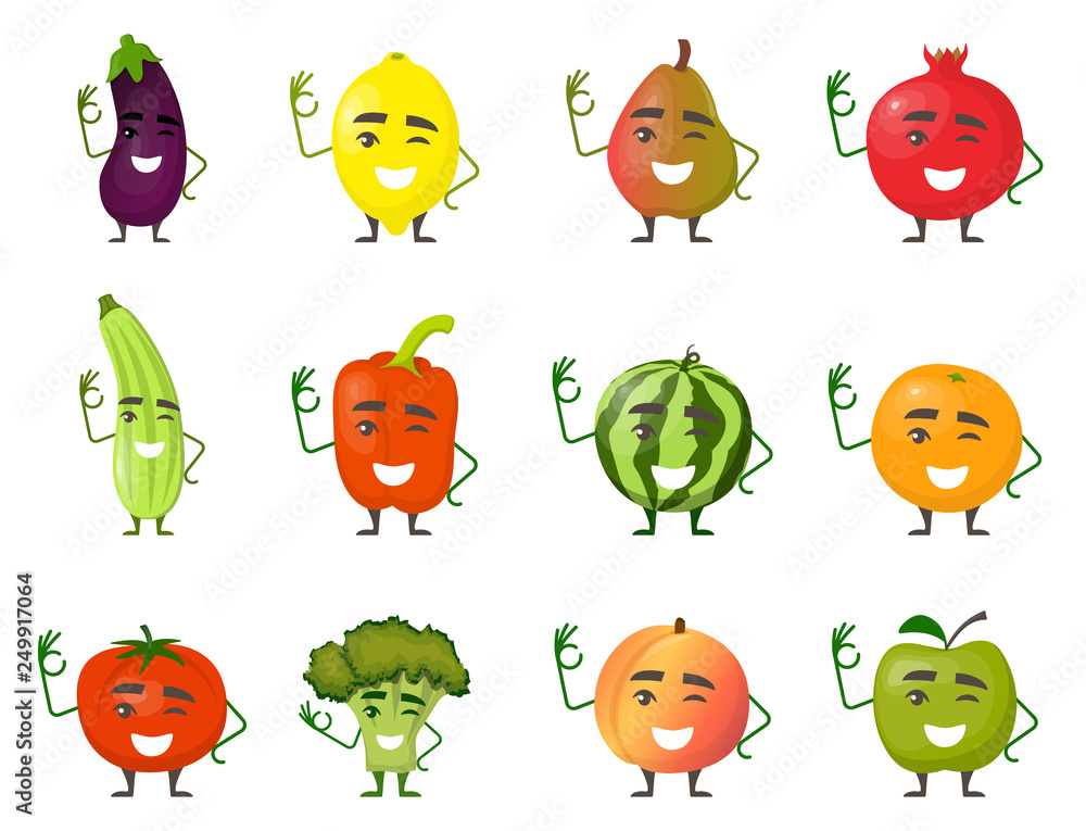 Fruits and vegetables cartoon characters with hands and legs smile and ...