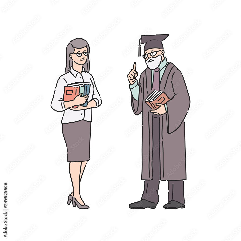 teacher woman and professor man. Vector people illustration in line art ...